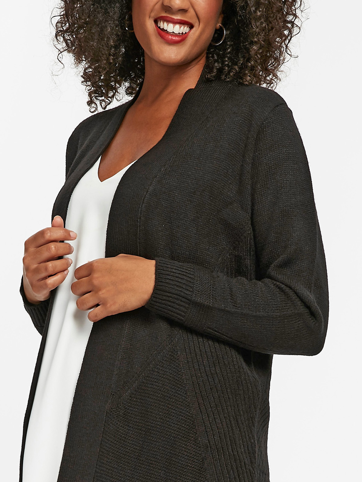 BLACK Open Front Ribbed Cardigan - Plus Size 14 to 30/32