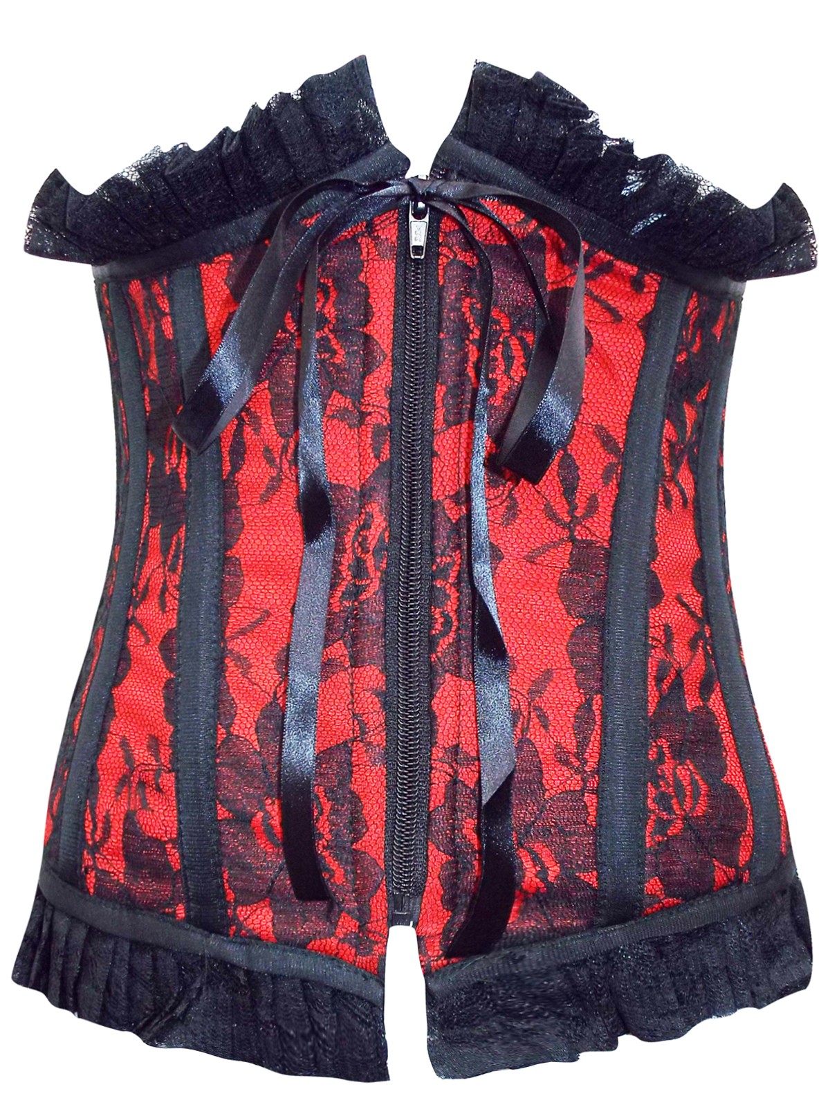 Wholesale Gothic Dress Up Corsets Black Red Pleated Mesh Trim