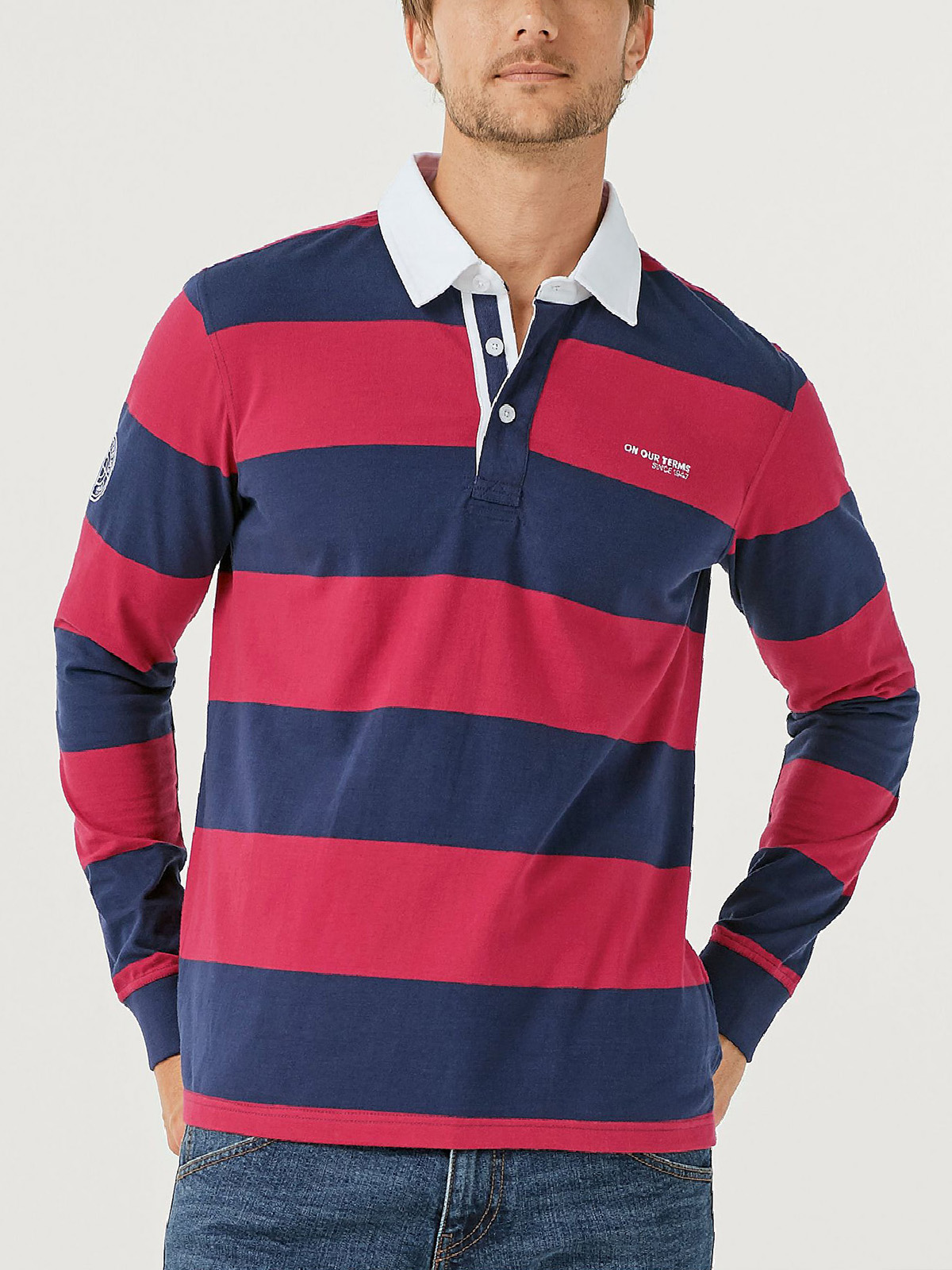 On Our Terms - - On Our Terms NAVY Mens Rugger Striped Rugby Shirt ...