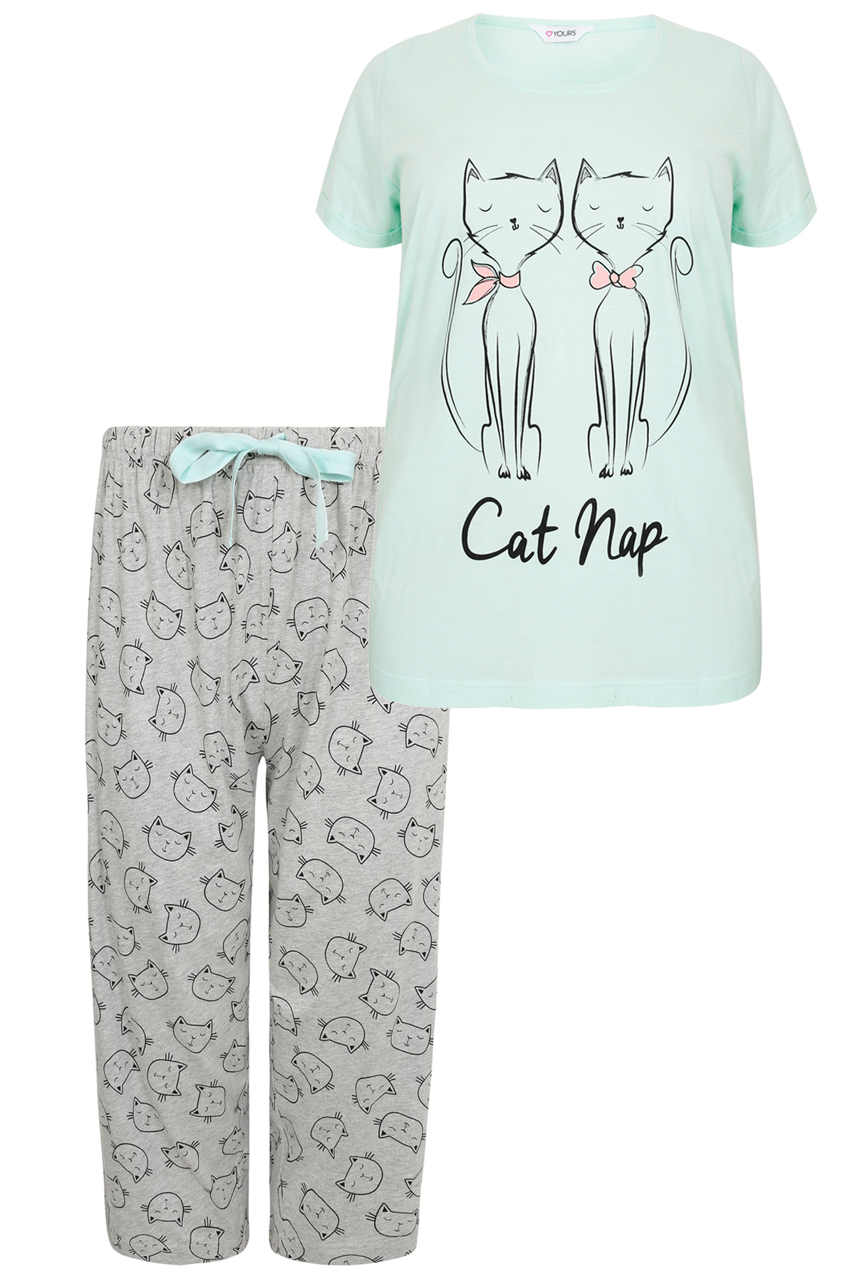 CURVE - - Mint/Grey Pure Cotton 'Cat Nap' Short Sleeve Pyjamas - Plus ...