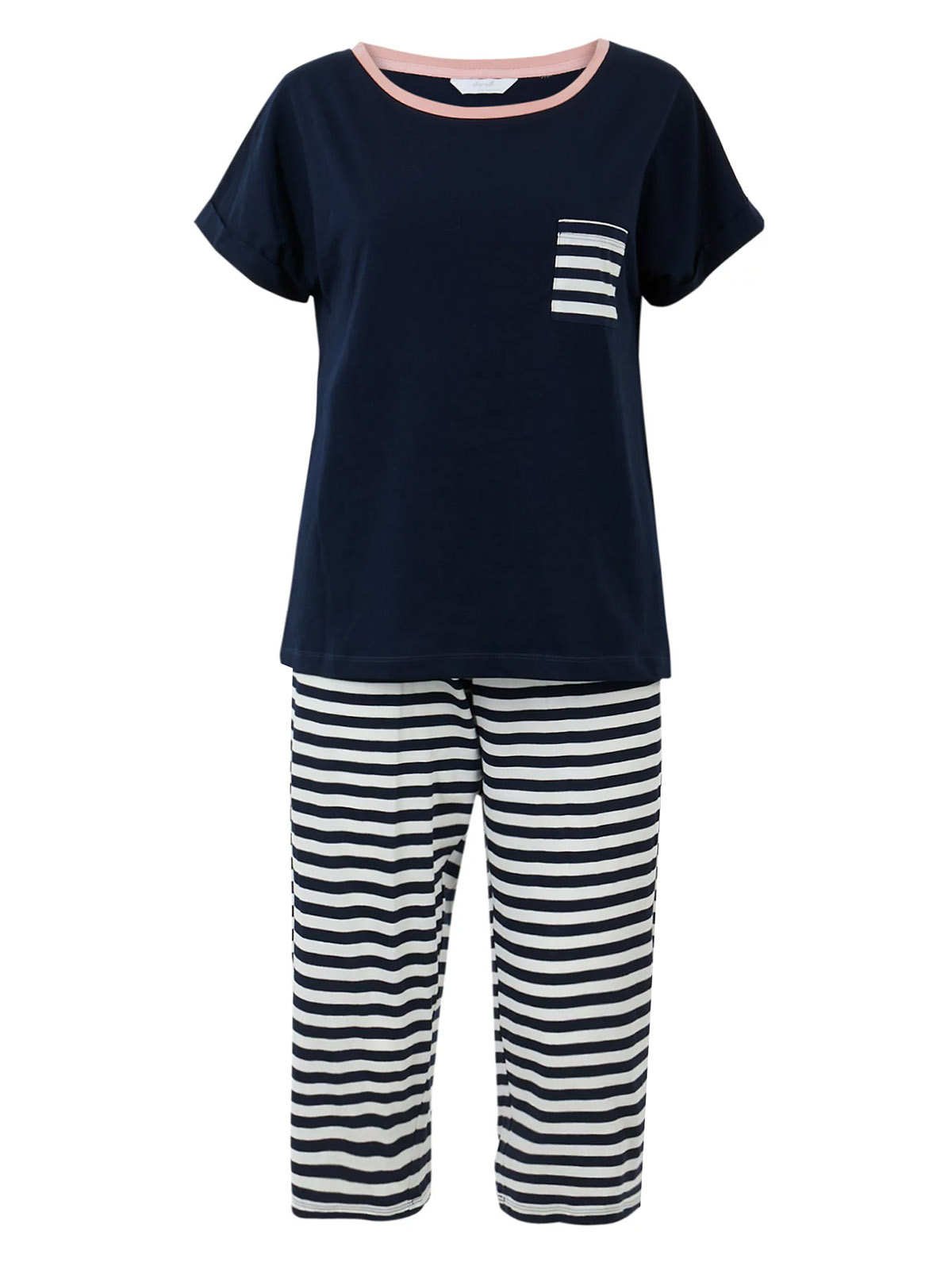 Marks And Spencer Mand5 Navy Pure Cotton Striped Cropped Pyjama Set Size 8