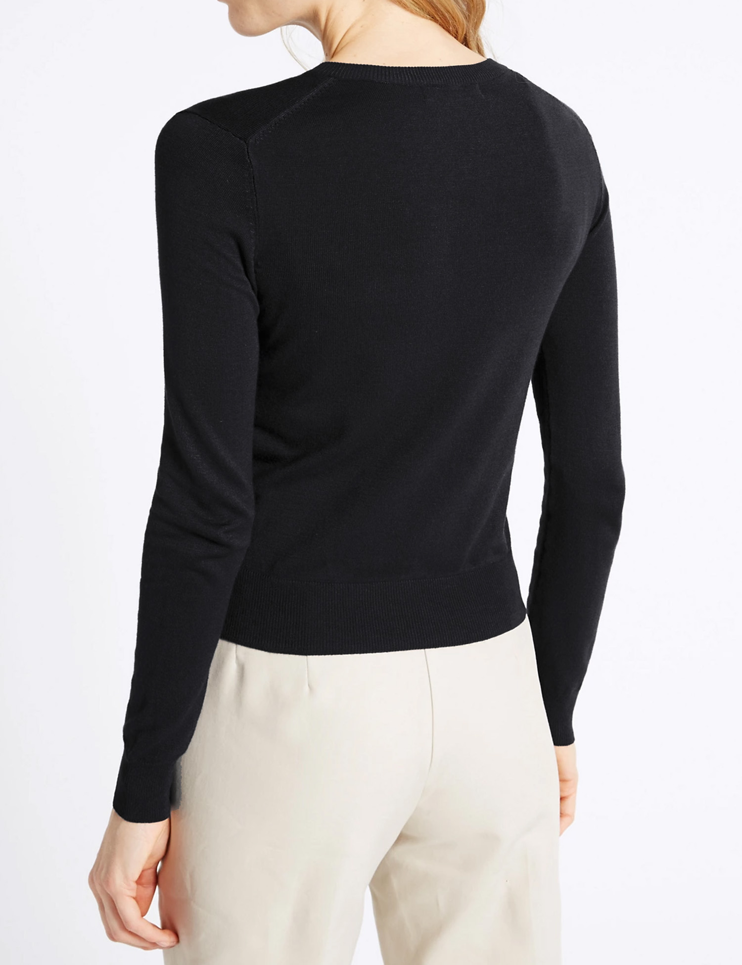 Marks and Spencer - - M&5 BLACK Ribbed Hem Round Neck Cardigan - Size ...