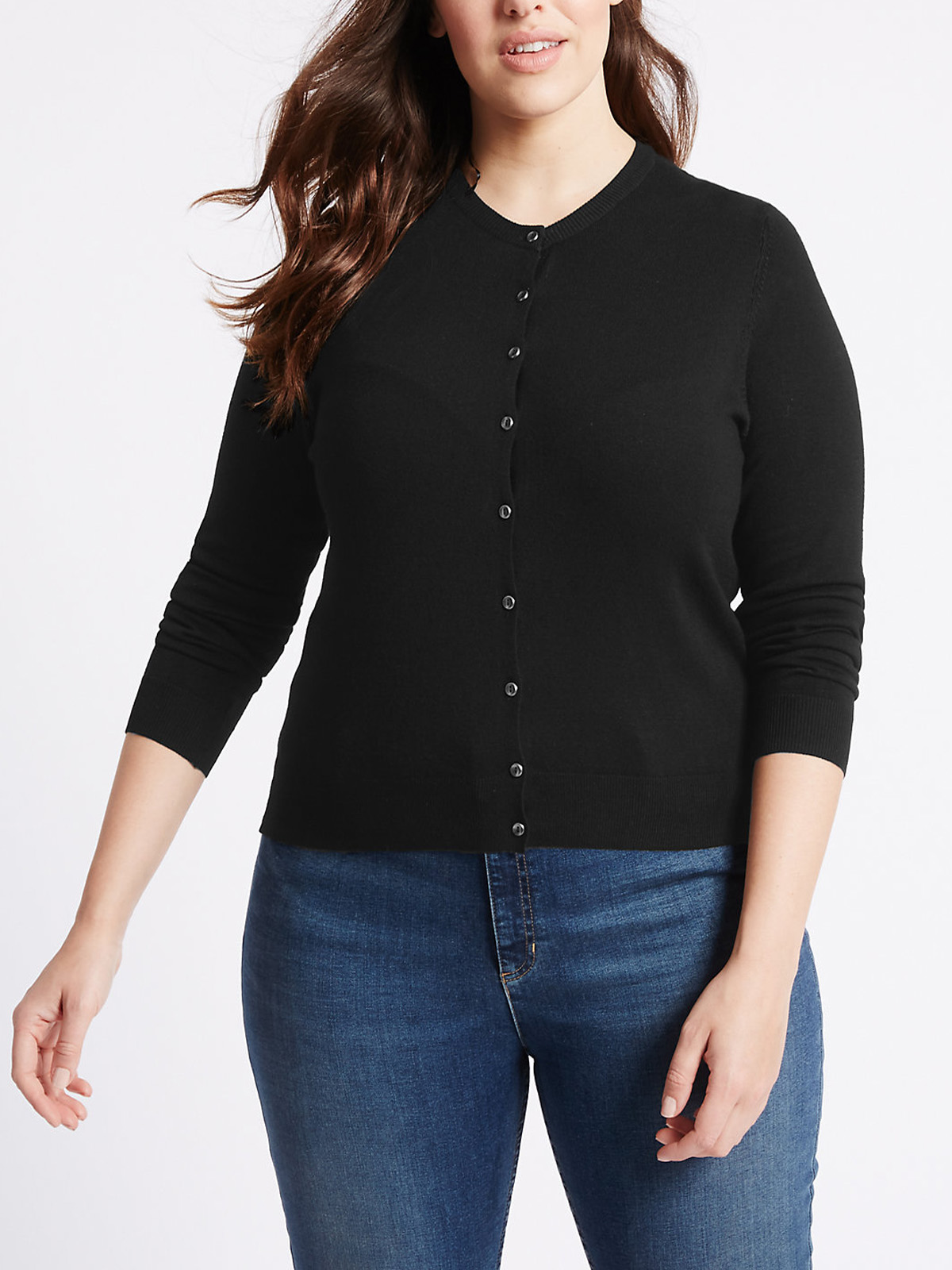 Marks and Spencer - - M&5 BLACK Ribbed Hem Round Neck Cardigan - Plus ...