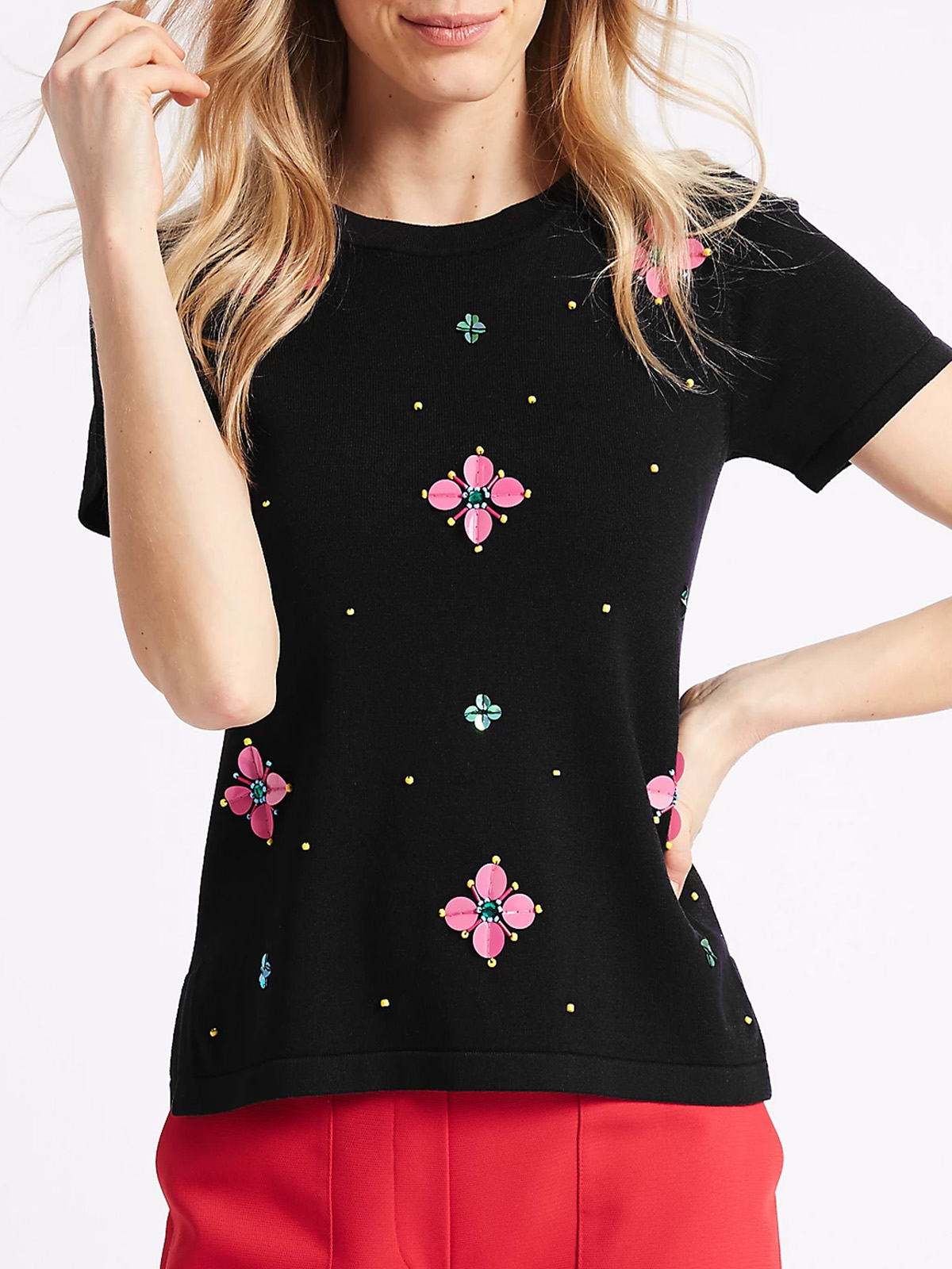 Marks and Spencer - - M&5 NAVY Floral Embellished Short Sleeve Top ...