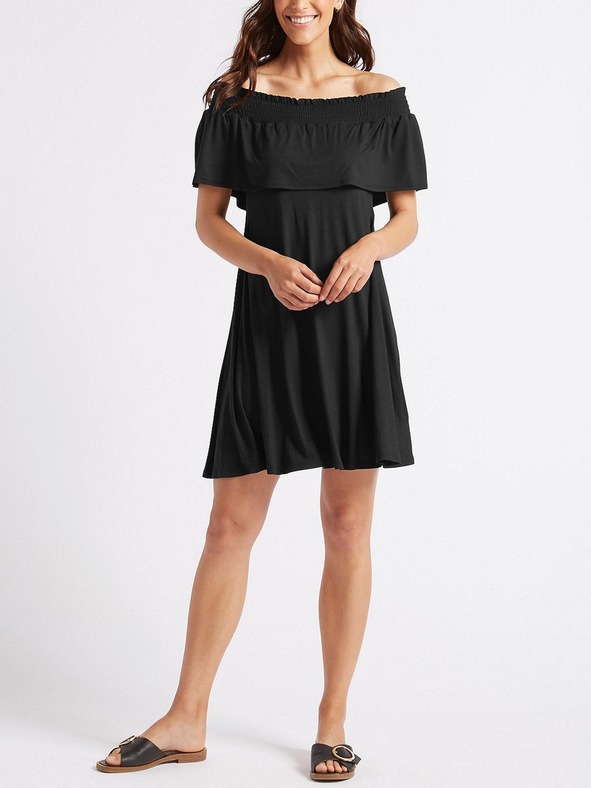Marks and Spencer - - M&5 BLACK Smocked Half Sleeve Bardot Dress - Size 22