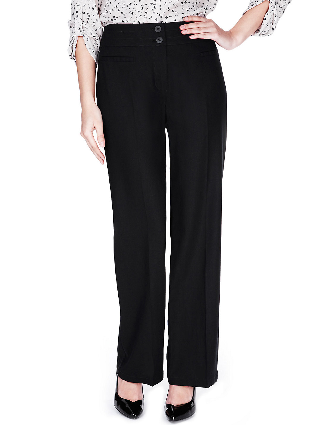 Marks And Spencer M 5 BLACK Linen Blend Straight Leg Trousers 