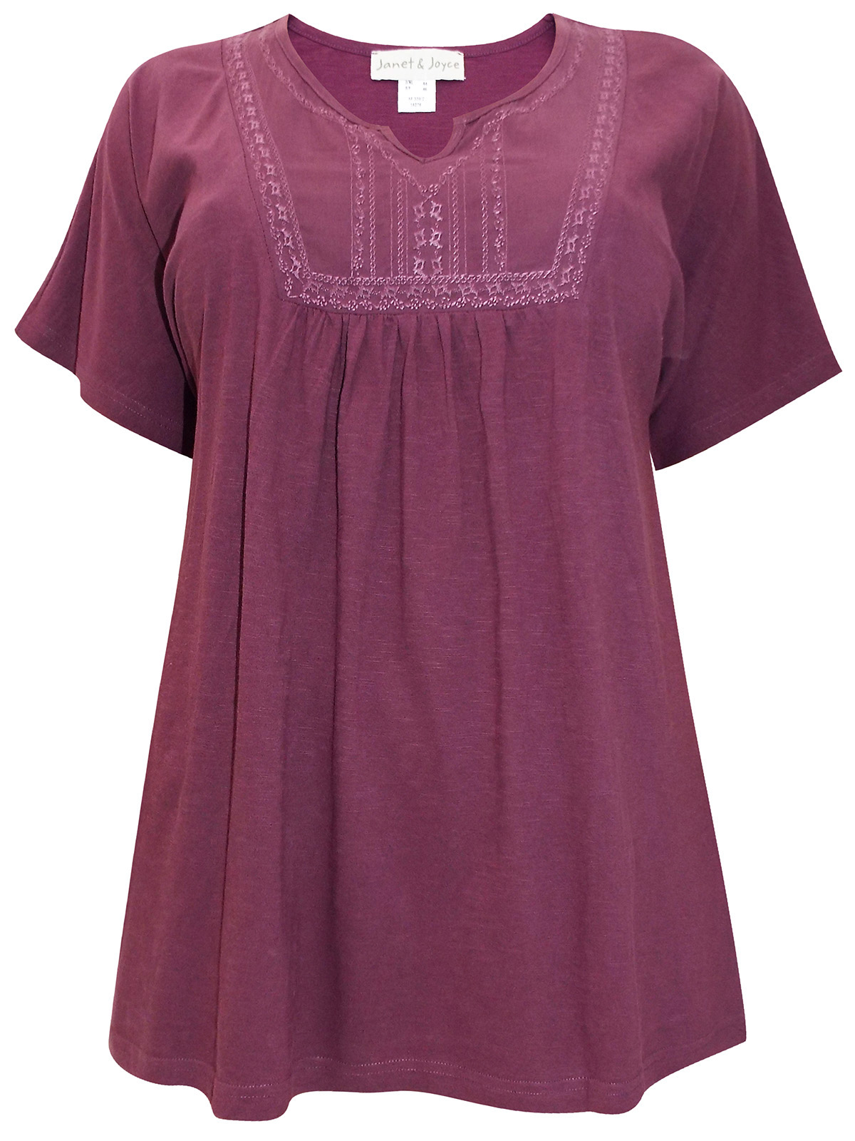 Janet And Joyce Janet And Joyce Burgundy Pure Cotton Embroidered Yoke Smock Top Plus Size 18 To