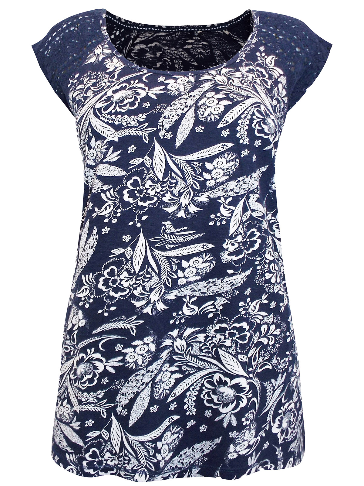 FAT FACE - - Fat Face NAVY Pure Cotton Crochet Insert Floral Top - Size 12