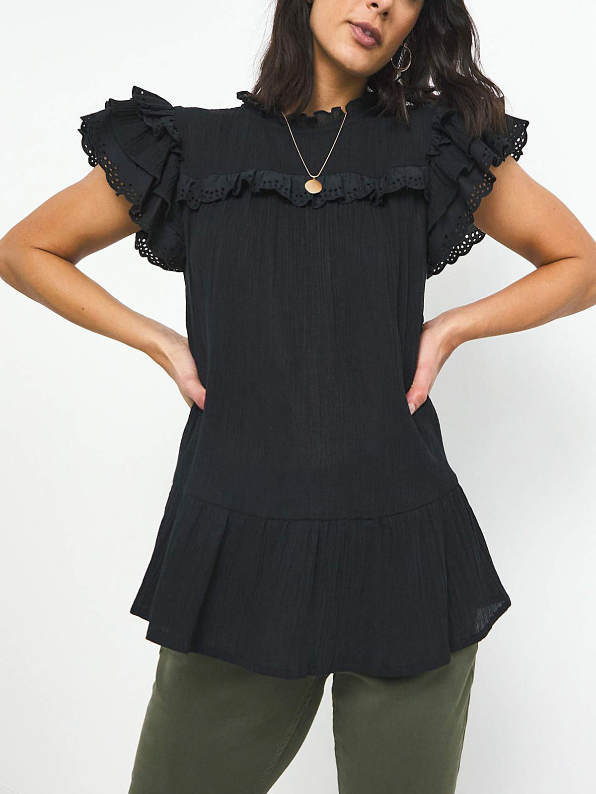 JD Williams - - BLACK Short Frill Sleeve Crinkle Top - Plus Size 12 to 28