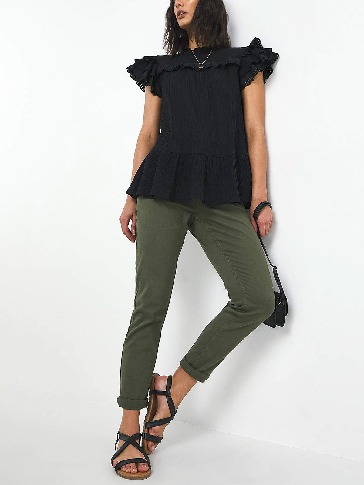 JD Williams - - BLACK Short Frill Sleeve Crinkle Top - Plus Size 12 to 28