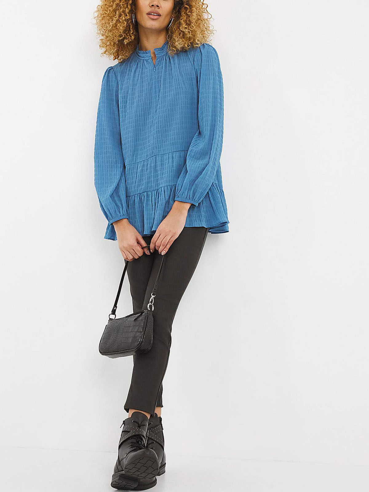 JD Williams - - BLUE Long Sleeve Textured Zip Front Blouse - Size 10 to 32