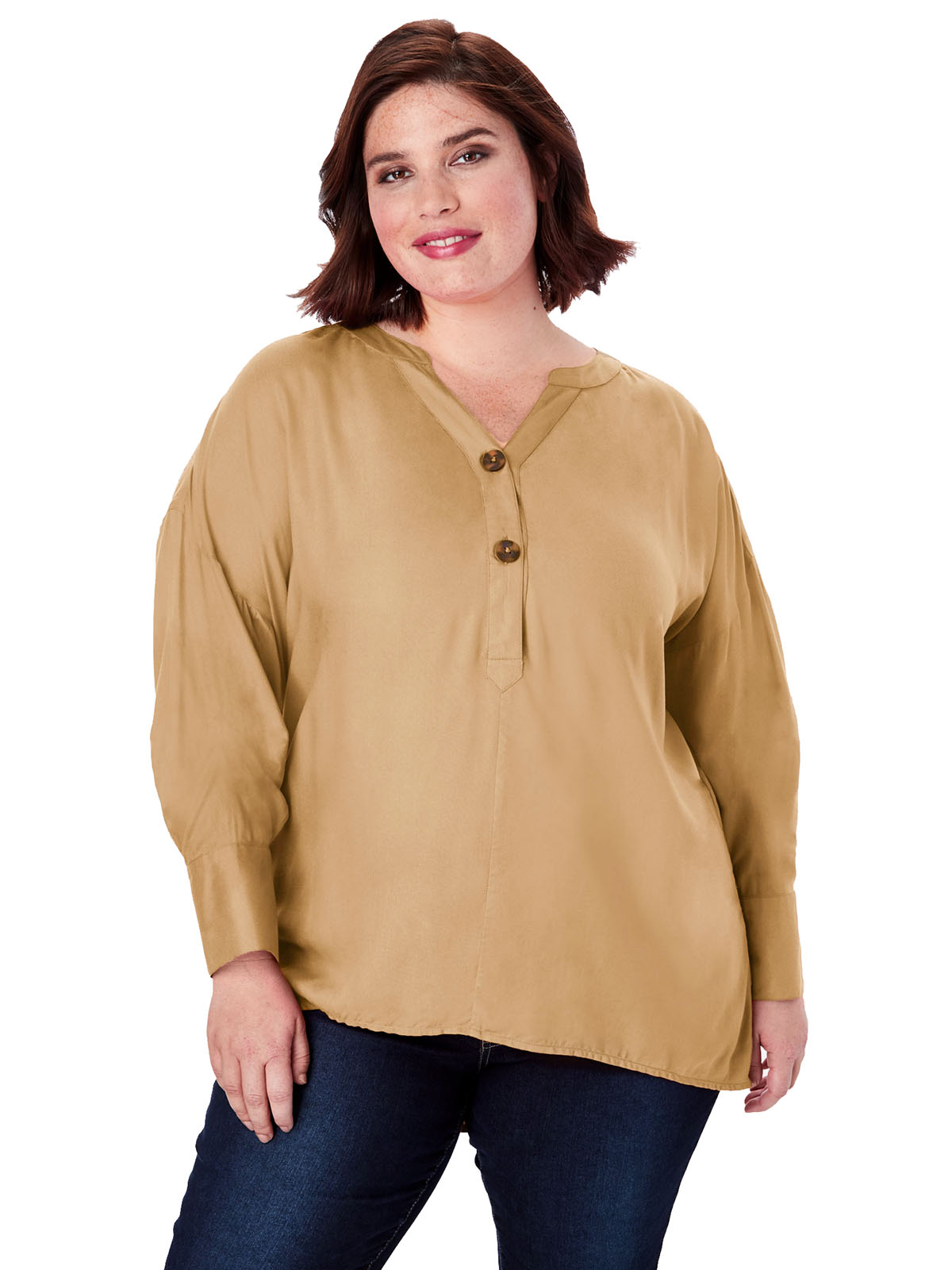 Roaman's - - Roamans TAN Flowing Henley Deep Cuff Dipped Hem Top - Plus ...