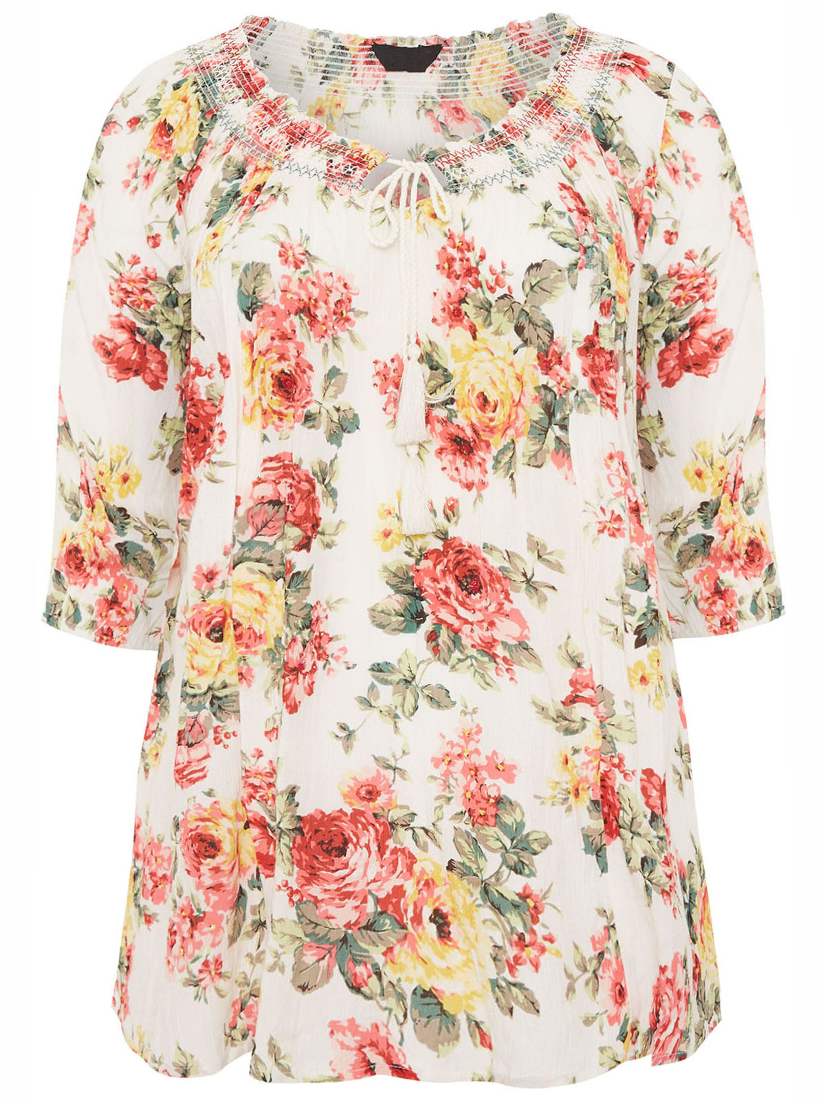 CURVE - - WHITE Floral Shirred Gypsy Top - Plus Size 16 to 30/32