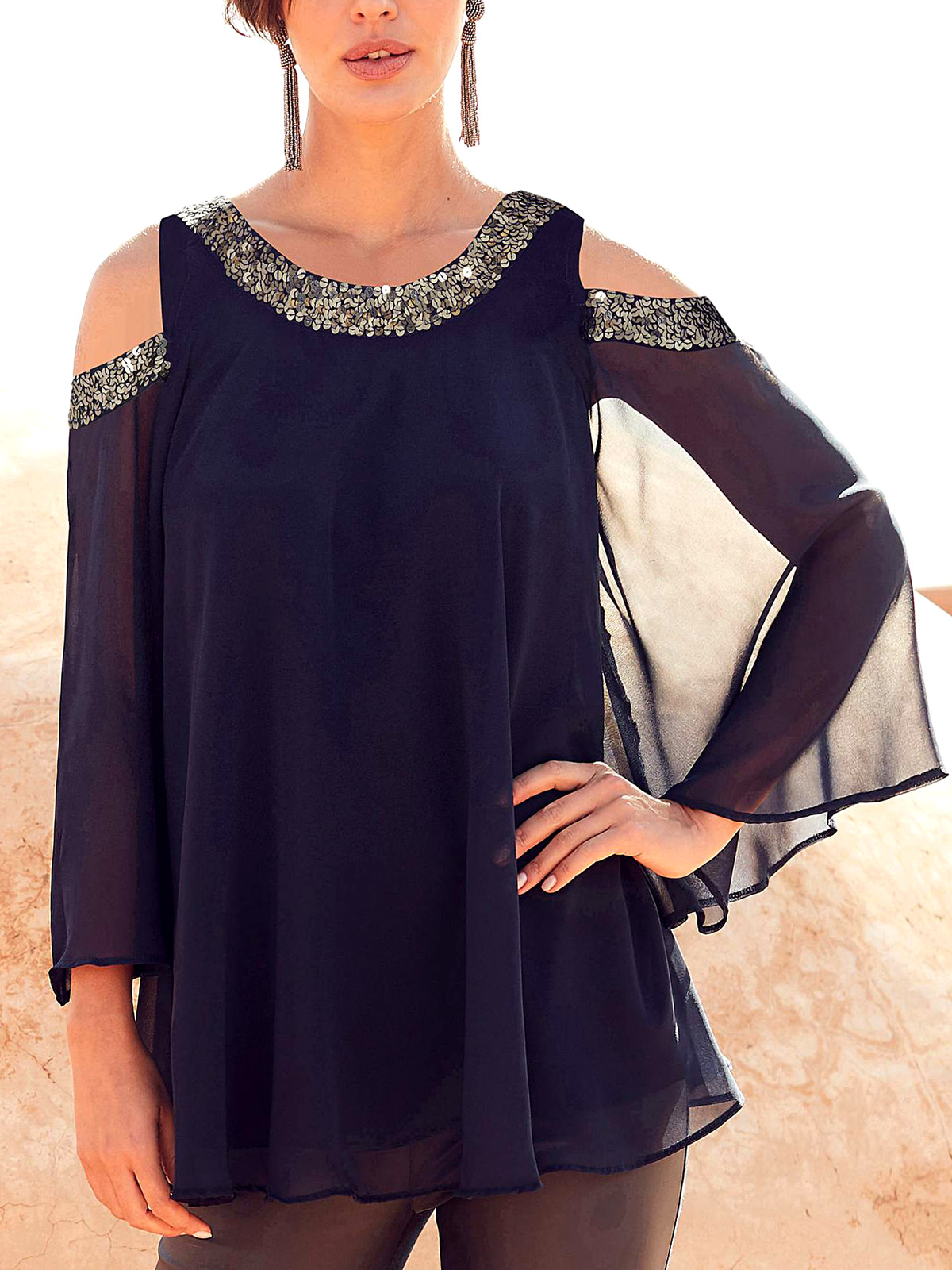 Joanna Hope - - Joanna Hope NAVY Embellished Cold Shoulder Blouse ...