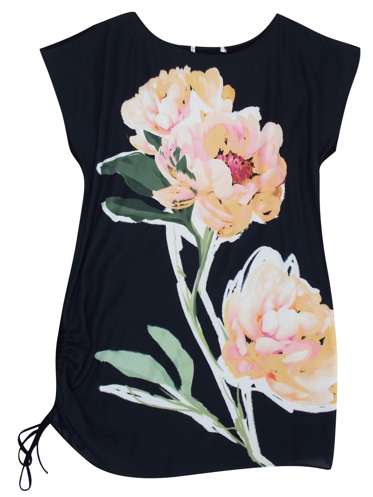 BLACK Floral Print Ruched Side Top - Size 10 to 24