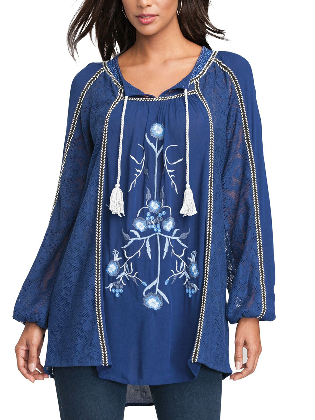 Denim 24/7 - - Denim 24/7 NAVY Embroidered Gypsy Top w/White Tassels ...
