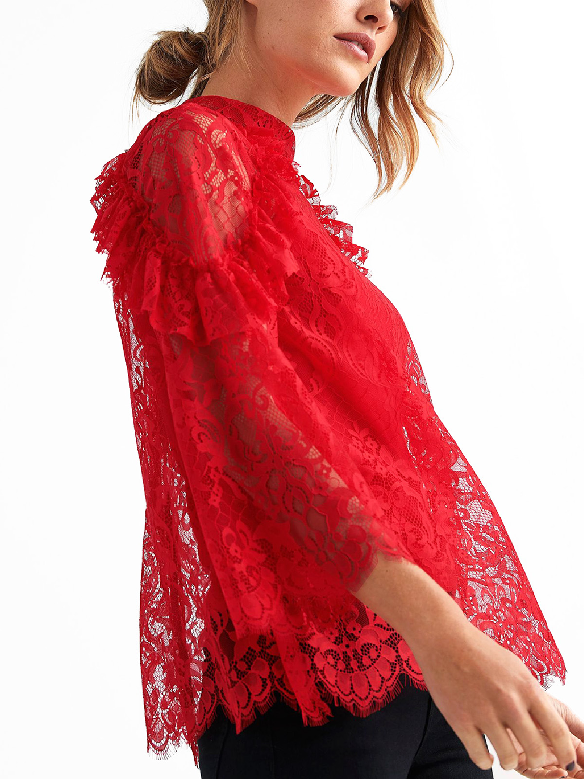 Ellos - - Ellos RED Gemma Ruffle Trim High Neck Lace Blouse - Plus Size ...