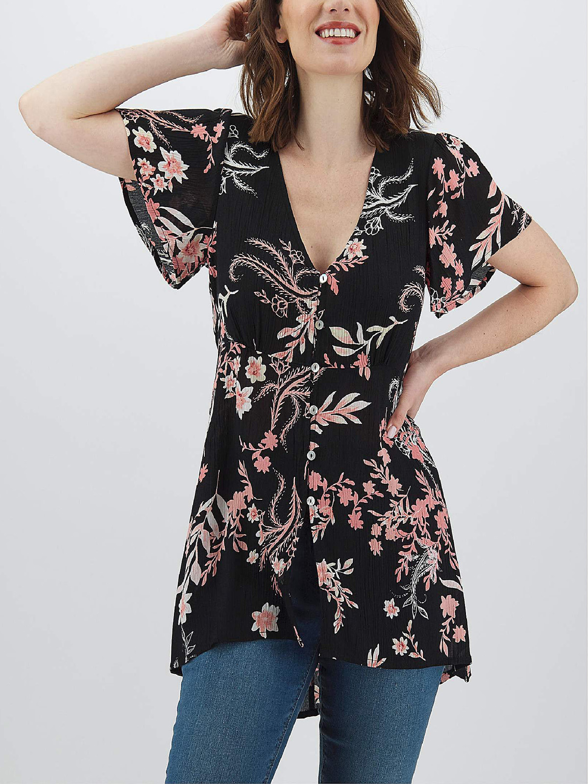 JD Williams - - JD Williams BLACK Floral Print Crinkle Button Through ...