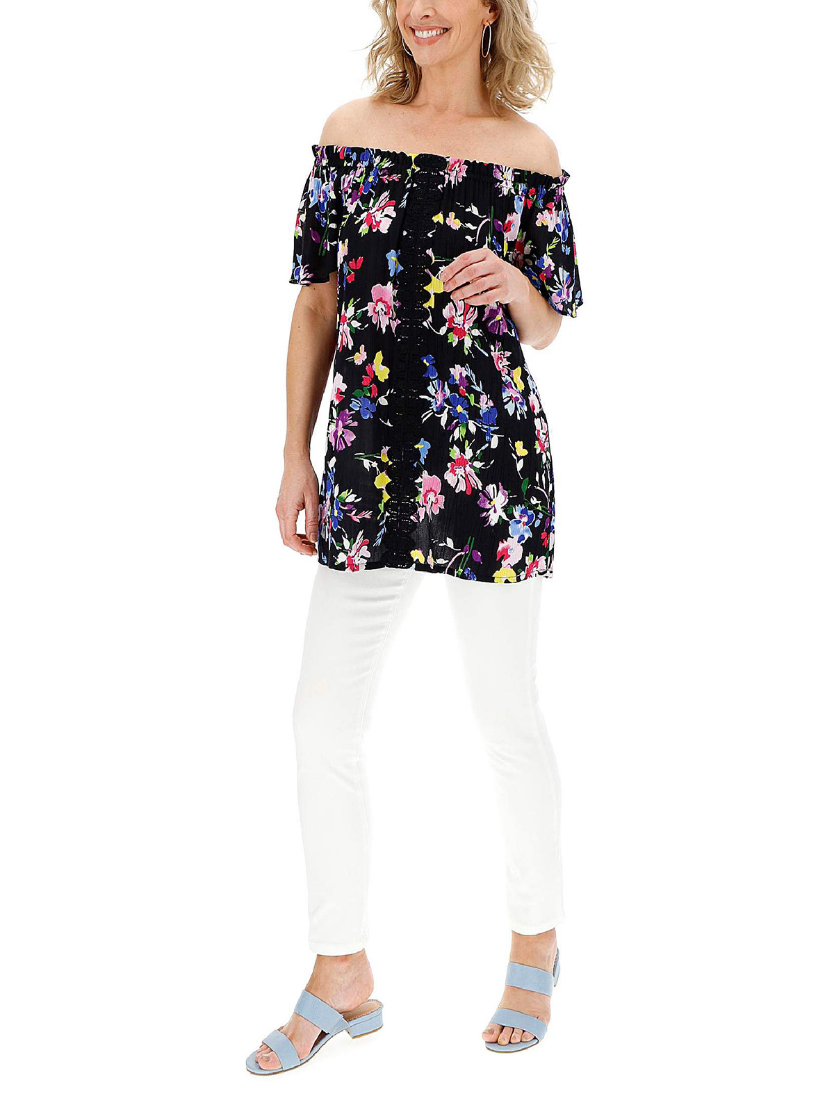 JD Williams - - JD Williams BLACK Floral Print Crinkle Crochet Bardot ...